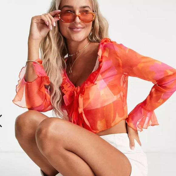 ASOS | Tops | Nwt Stradivarius Ruffle Blouse In Bold Print | Poshmark